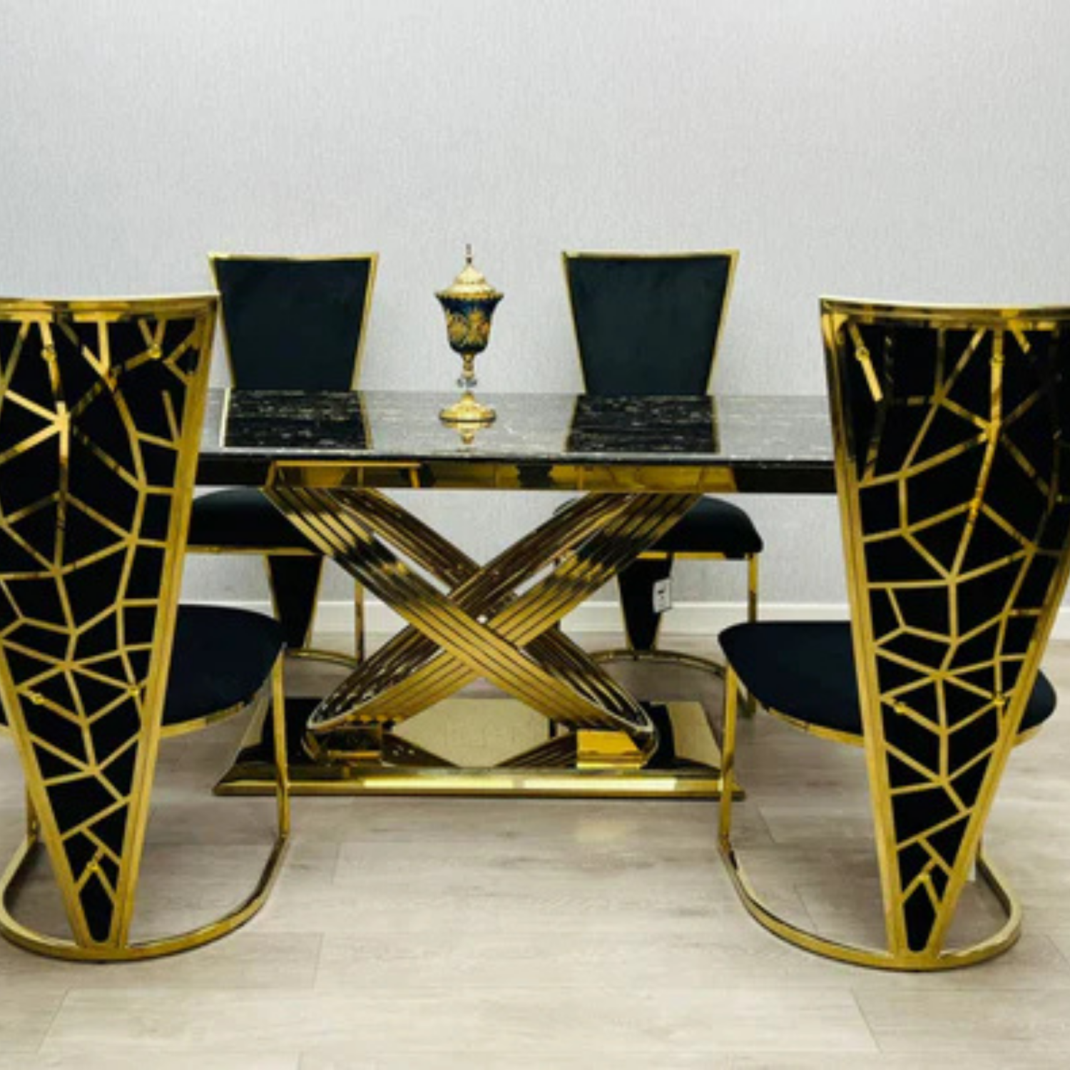 1.8M Rose Gold Dining Table With Vienna Black And Gold Dining Chairs ...